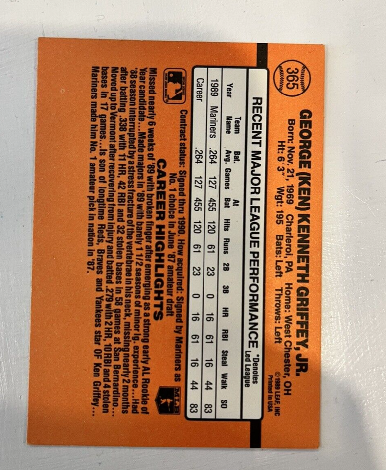 KEN GRIFFEY JR - 1990 Donruss Baseball card #365 multiple Error card ...
