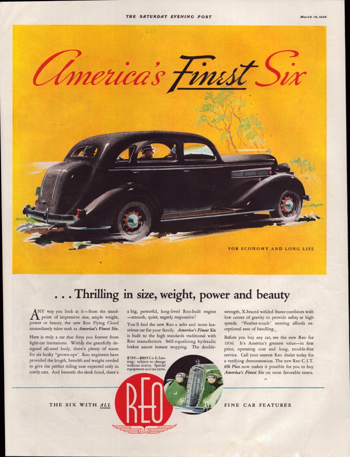 1936 REO MOTORS - America's Finest Six Thrilling in size, weight, power ...