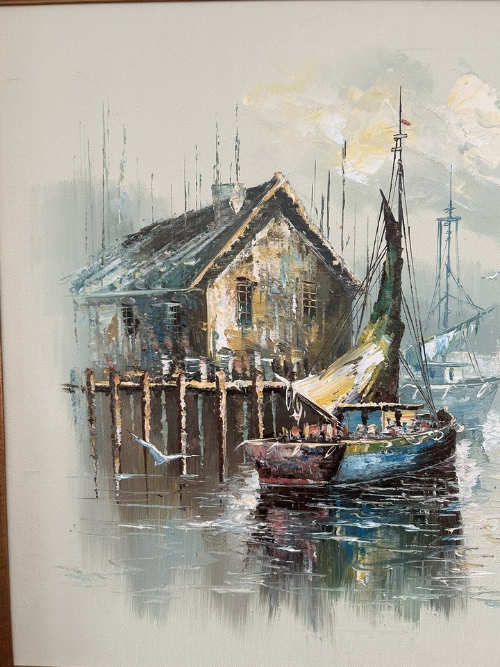 vintage John Luini Original Sea Side Painting Boats At The Dock | eBay