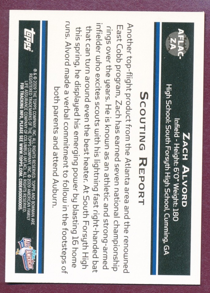 2009 BOWMAN AFLAC ALL AMERICAN GAME AUTOGRPAH ZACH ALVORD ROOKIE 1ST ...