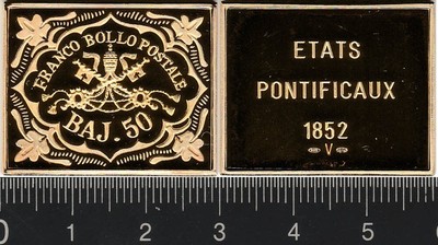 Papal States: 1852 Baj 50 Franco Bollo Postale, gilt stamp, 7.6g, 925 ...