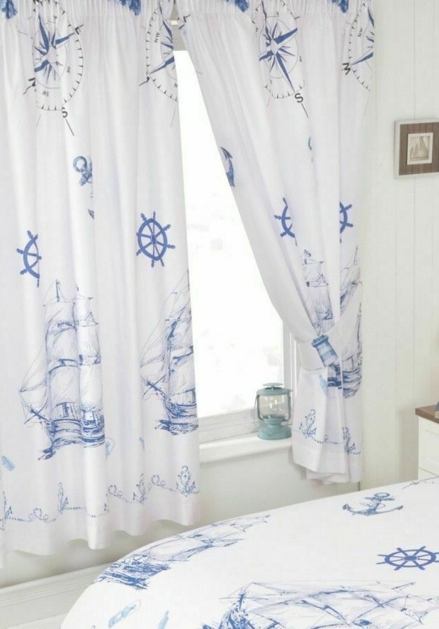 Nautical 66" x 72" Ready Made Unlined Curtains With Tie Backs Ship Sea ...