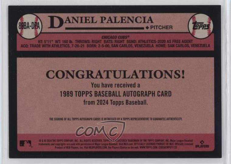 2024 Topps Series 2 1989 Topps Baseball Auto Daniel Palencia #89BA-DPA ...