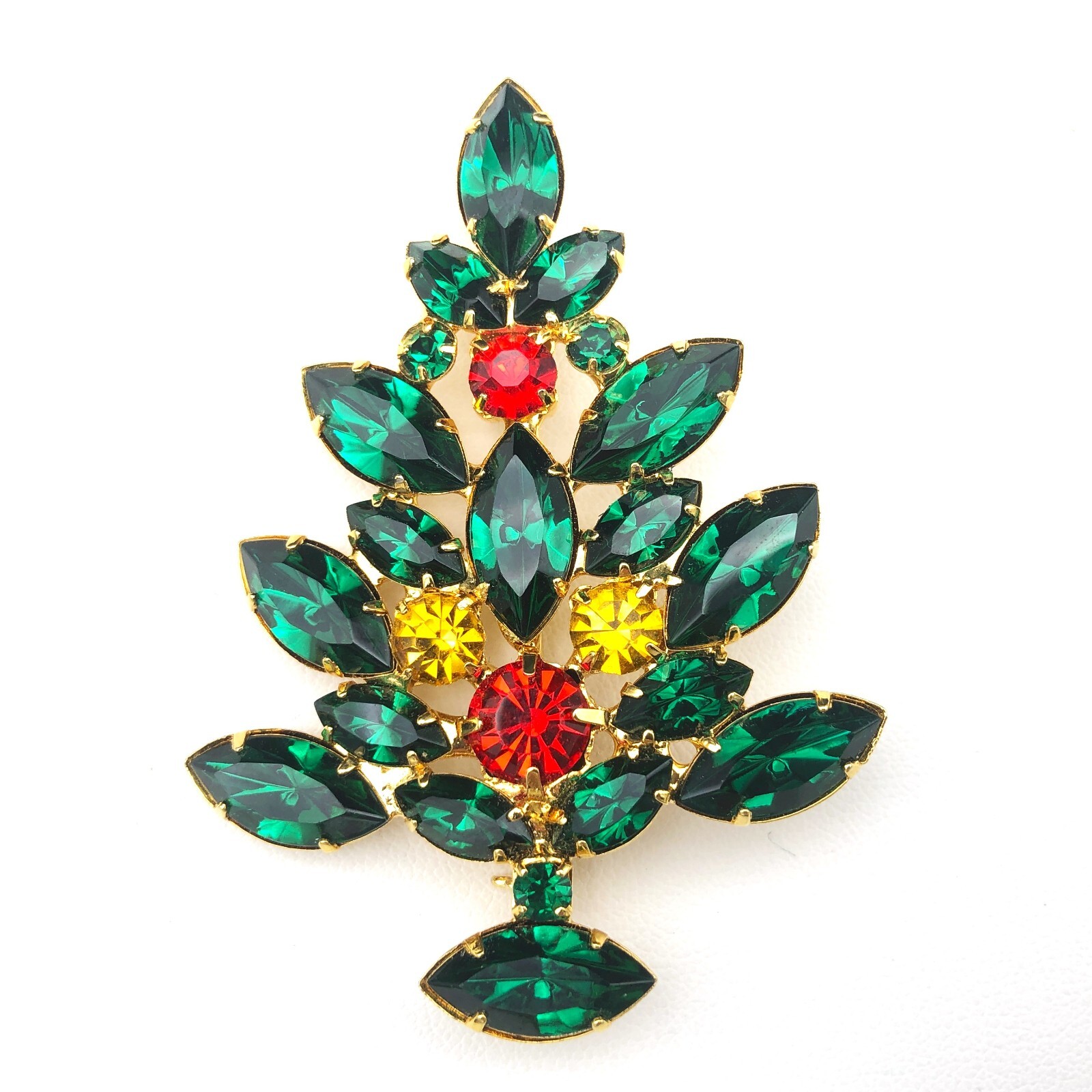 Vintage OTC Christmas Tree Brooch 2.5" Green Red Yellow Faceted ...