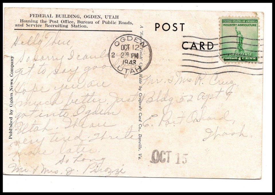 Postcard Federal Building Ogden Utah Post Office Bureau Public Roads ...