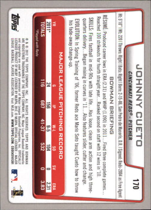 2012 Bowman Silver Ice Cincinnati Reds Baseball Card #170 Johnny Cueto ...