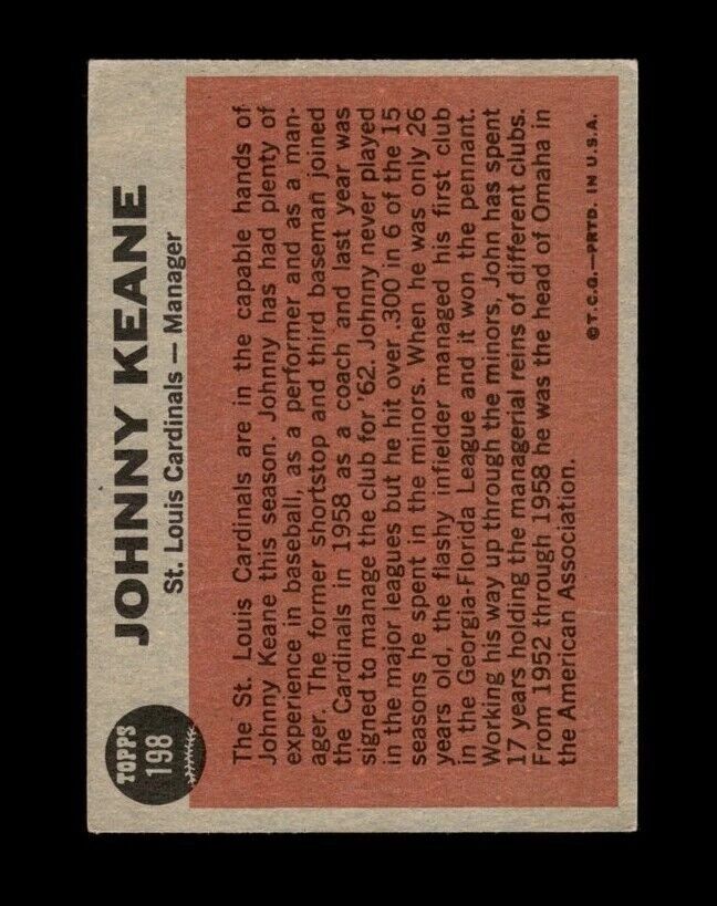 1962 Topps #198 Johnny Keane Manager St Louis Cardinals | eBay