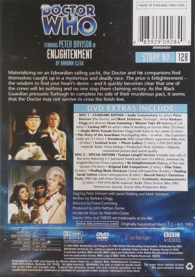 Doctor Who - Enlightenment (DVD, 2-Disc Set) Peter Davison, VERY GOOD ...