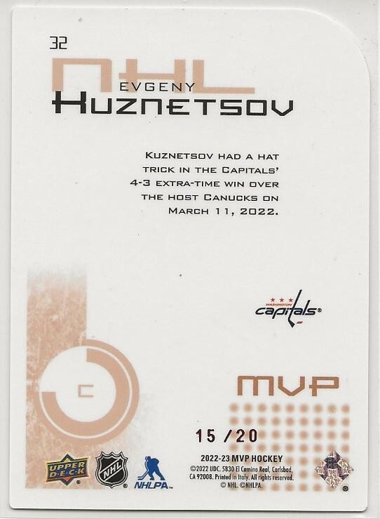 EVGENY KUZNETSOV 2022-23 UD MVP Hockey Colors & Contours Green 15/20 ...