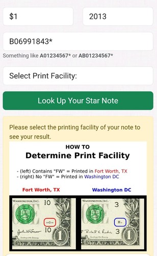 2013 $1 Dollar Star Note Duplicate Serial Number B06991843* Wash B ...