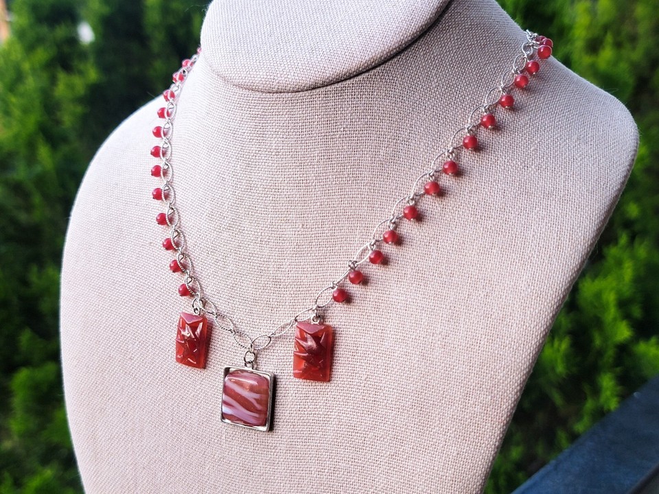 Sterling Red Uranium Glass Necklace Vintage Antique Glass 925 Silver | eBay