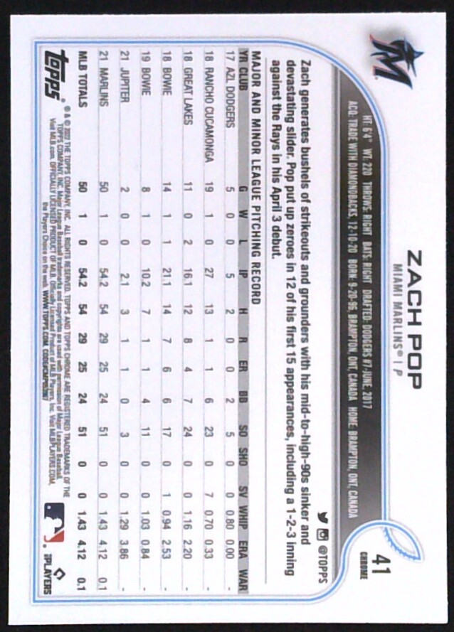 2022 Topps Chrome Zach Pop #41 BASEBALL Miami Marlins Pink Refractor | eBay