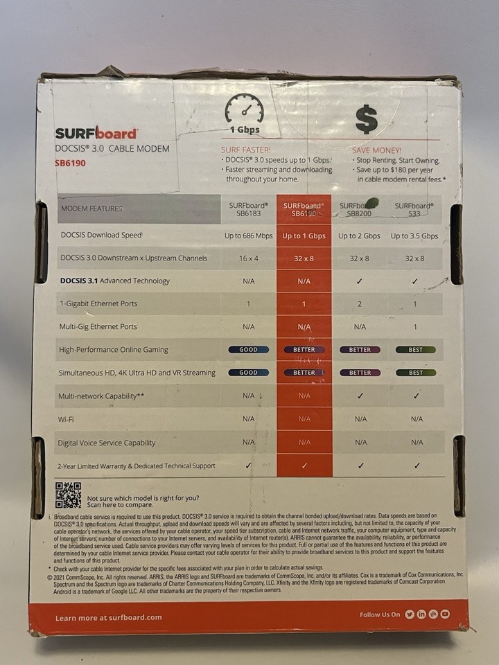 Arris Surfboard SB6190 Cable Modem DOCSIS 3.0 Cox, Spectrum, Xfinity | eBay