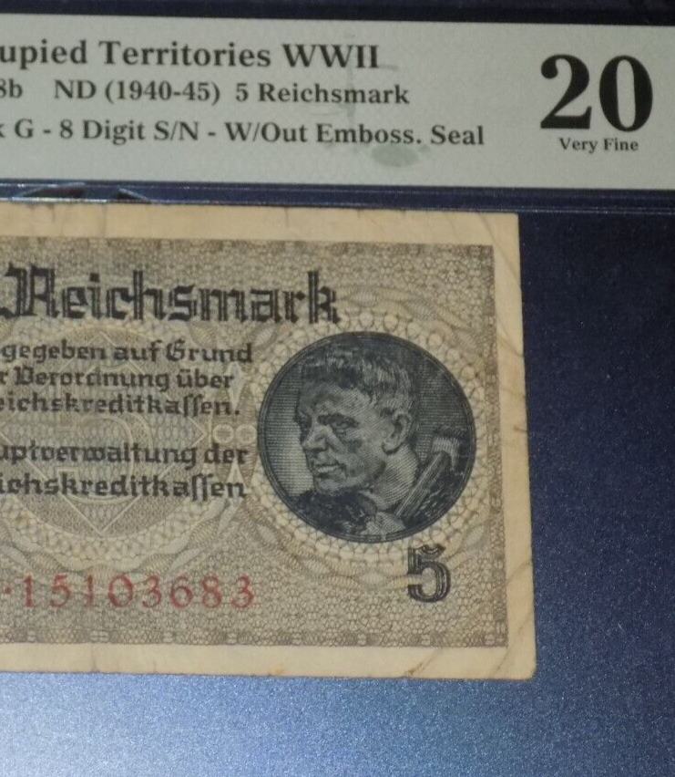 PMG GERMANY OCCUPIED TERRITORIES Funf Reicshmark WWII Very Fine 20 SS ...