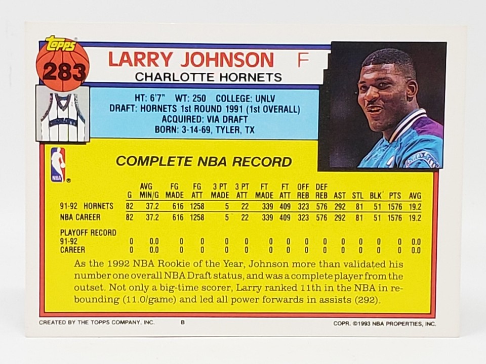 1992-1993 Topps Basketball Larry Johnson Card #283 Charlotte Hornets | eBay