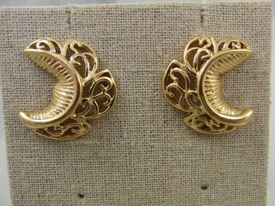 2 pair Fifth Avenue earrings gold 1/4 moons leafy edge & gold & silver ...