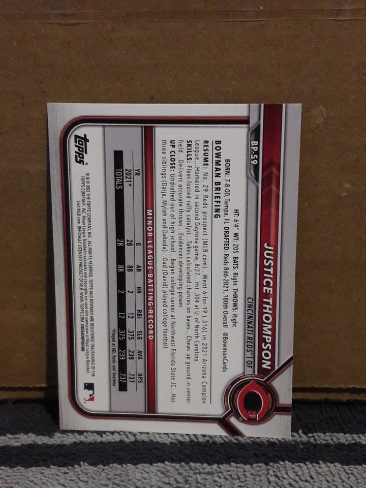 2022 Bowman Justice Thompson Purple Parallel 1st #174/250 Reds | eBay