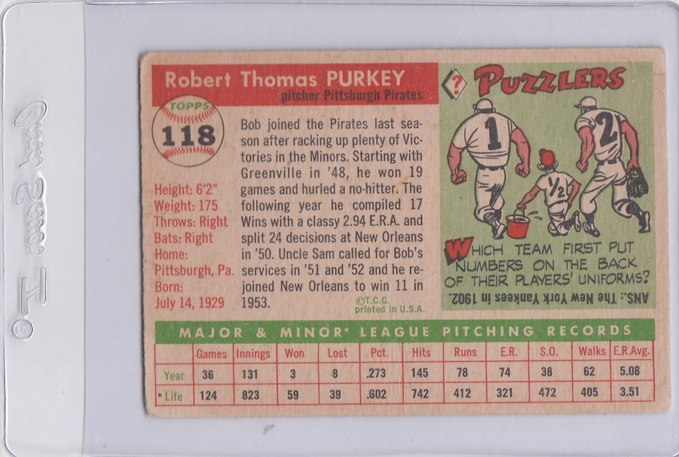 1955 TOPPS BOB PURKEY PITTSBURGH PIRATES PITCHER 2ND YEAR 118 FREE ...