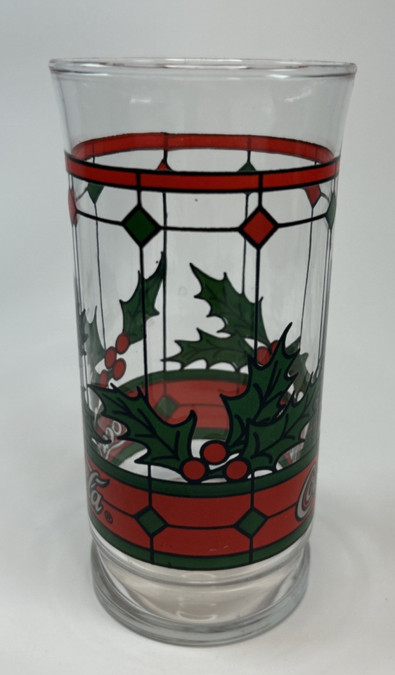 Lot of 2 Libbey Coca Cola Christmas Holly Berry Stained Glass Drinking ...
