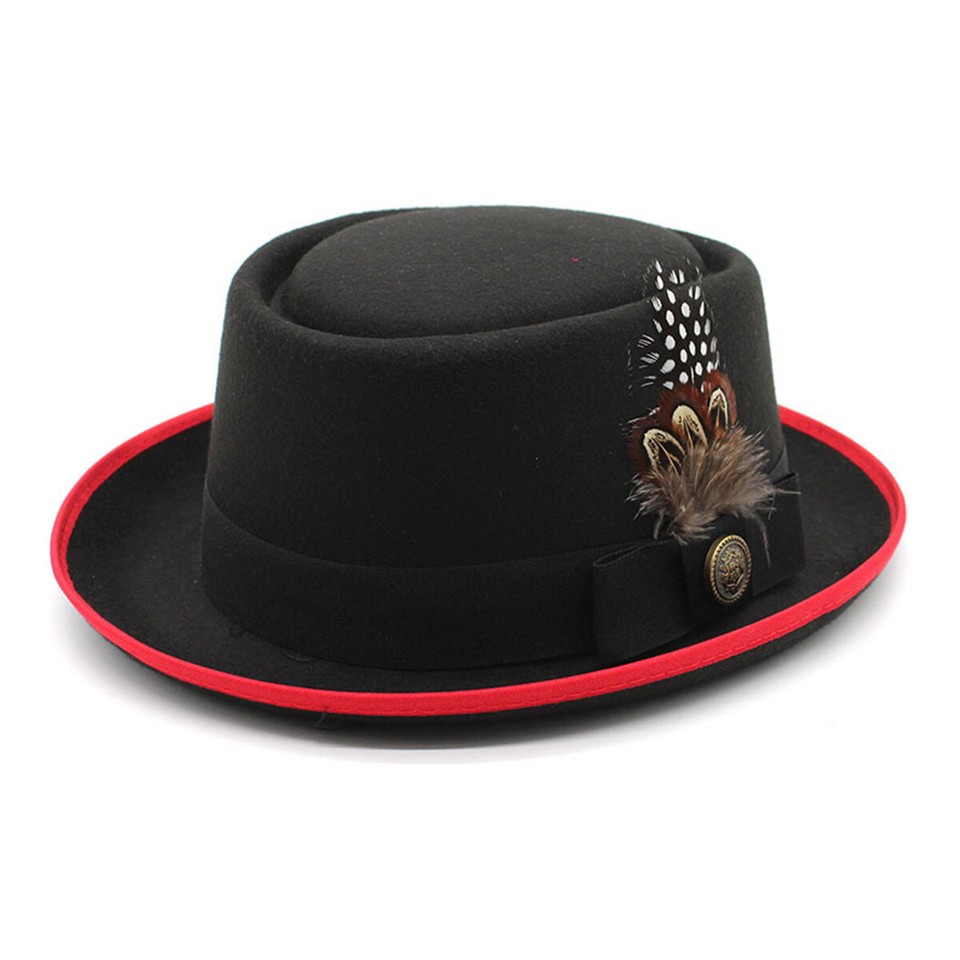 Men Pork Pie Bowler Hat Dad Flat Fedora Gambler Feather Dance Jazz Cap ...