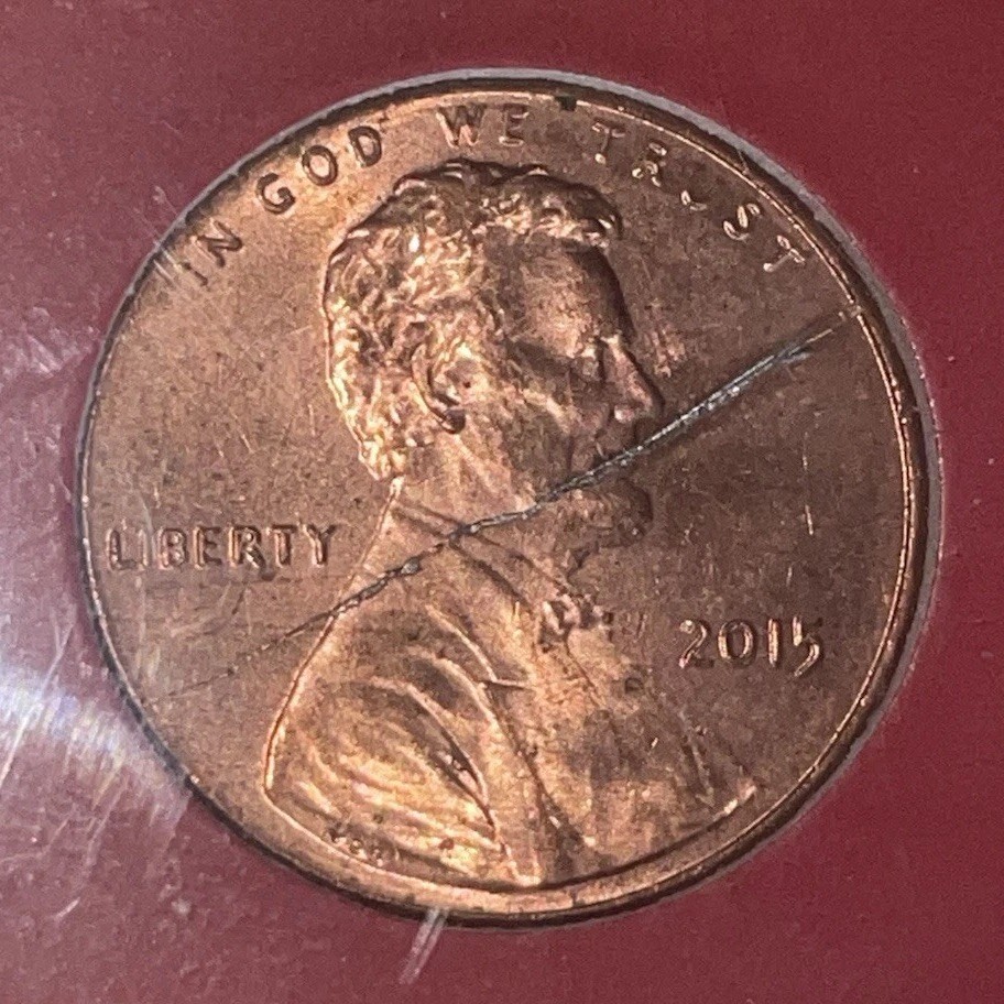 2015 P Lincoln Shield Cent Bi-secting Obverse Die Crack Error Coin MS ...