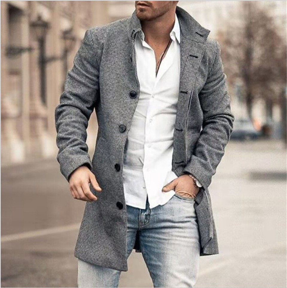 Men's Wool Blend Trench Coat Winter Warm Slim Fit Single Breasted Long ...
