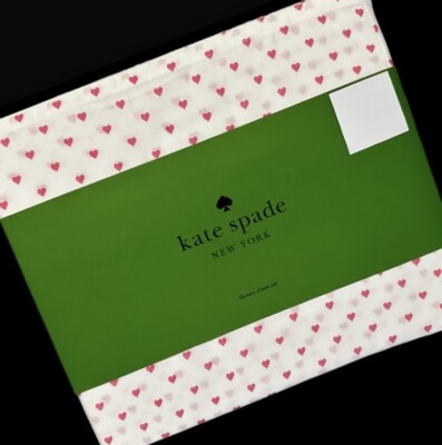 Kate Spade QUEEN Sheet Set Cotton Percale PINK Hearts on White QUEEN ...