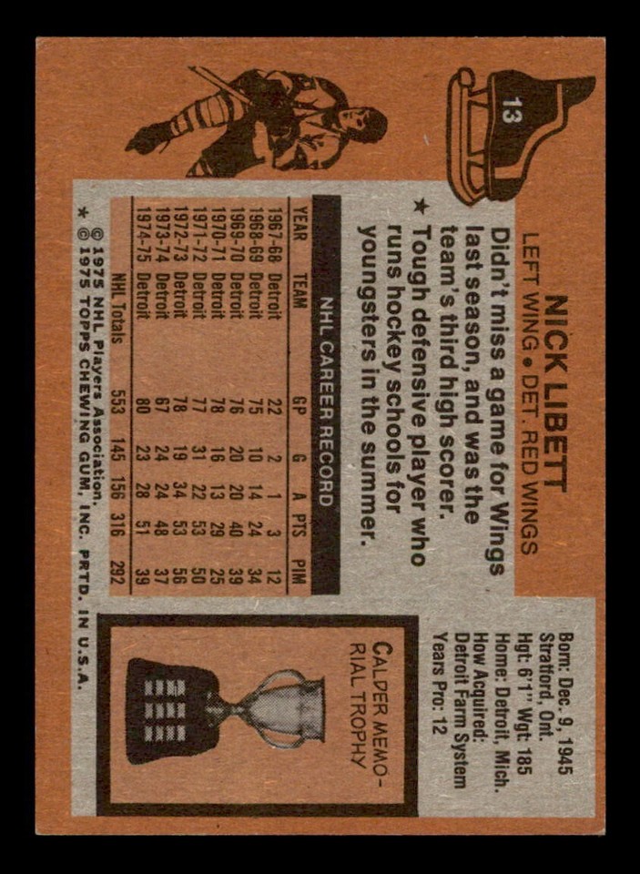1975 Topps Hockey #13 Nick Libett EX/MT *d3 | eBay