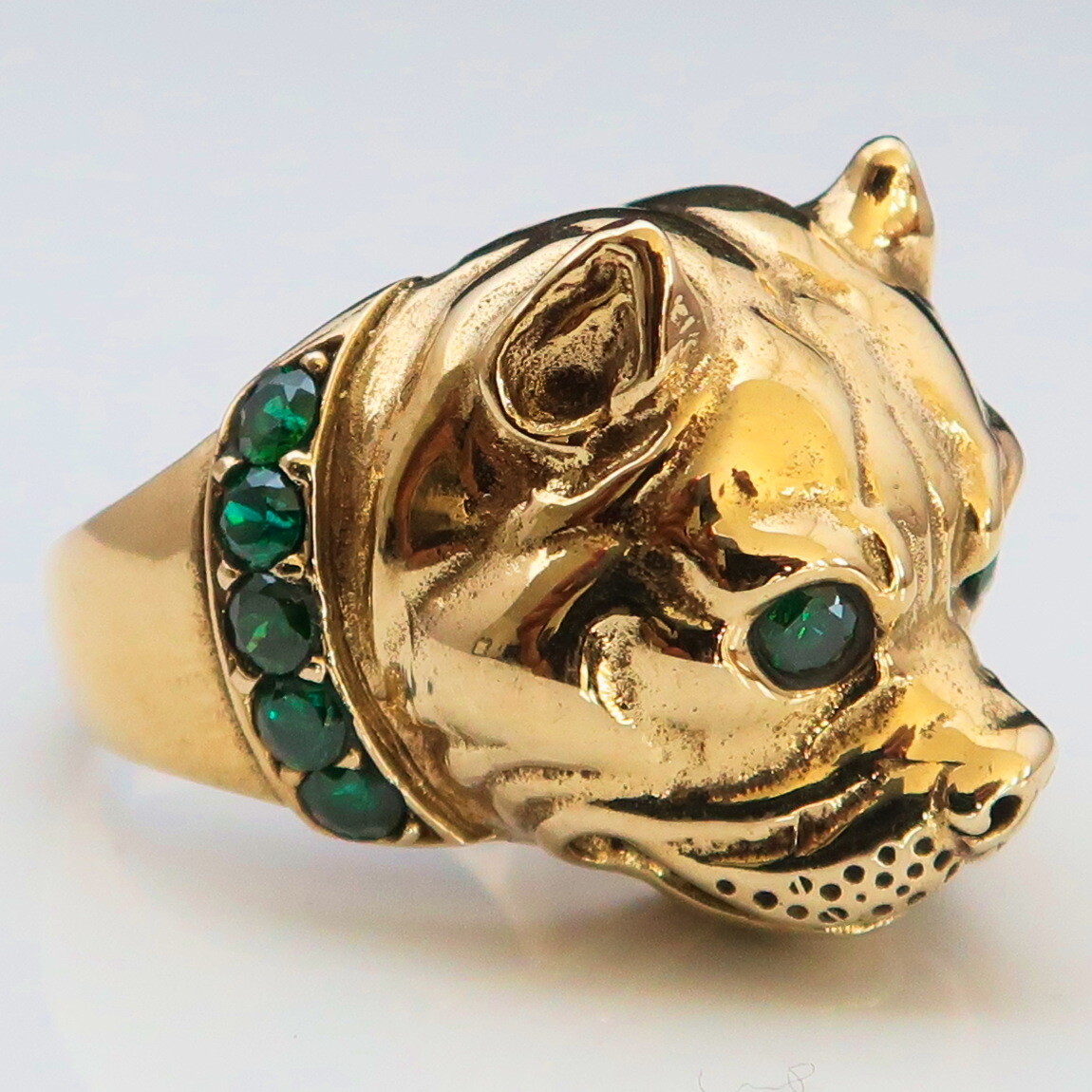 PITBULL RING, MENS PET DOG LOVER RING PITBULL WITH GREEN CZ COLLAR SIZE ...