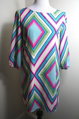 S ~ PINK OWL BOUTIQUE MULTICOLOR DIAMOND PRINT TUNIC SHIFT DRESS 3/4 ...
