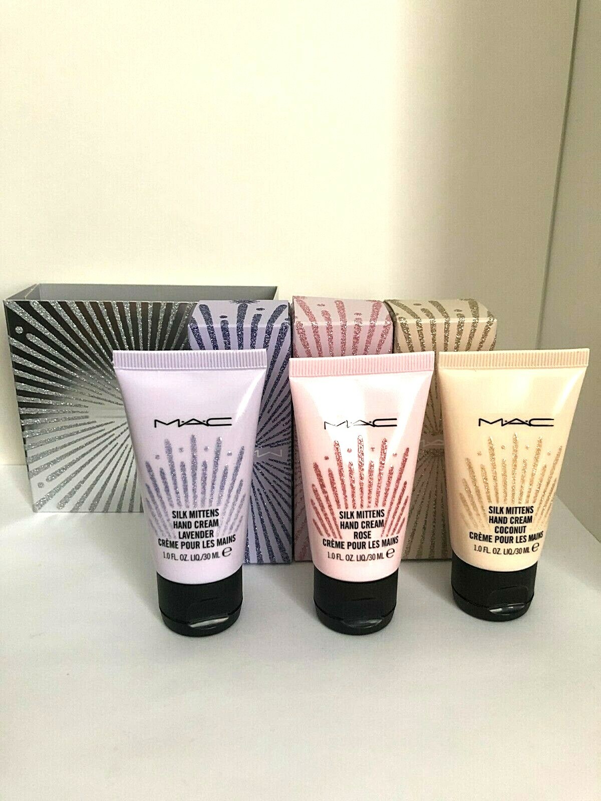 MAC Silk Mittens Hand Cream Trio Coconut , Rose , Lavender 1 oz / 30 ml ...