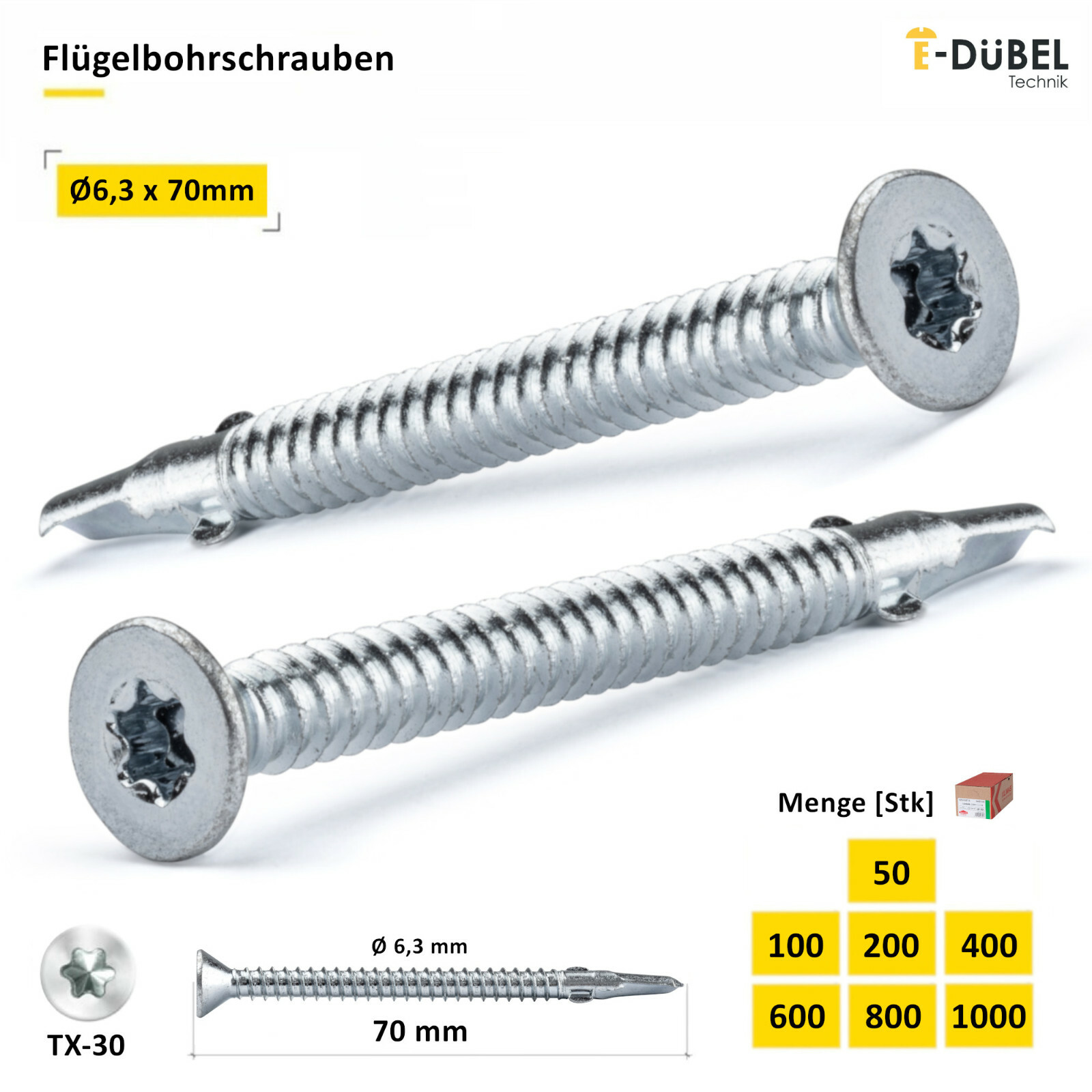 Flügelbohrschrauben Senkkopf Torx für Holz auf Stahl