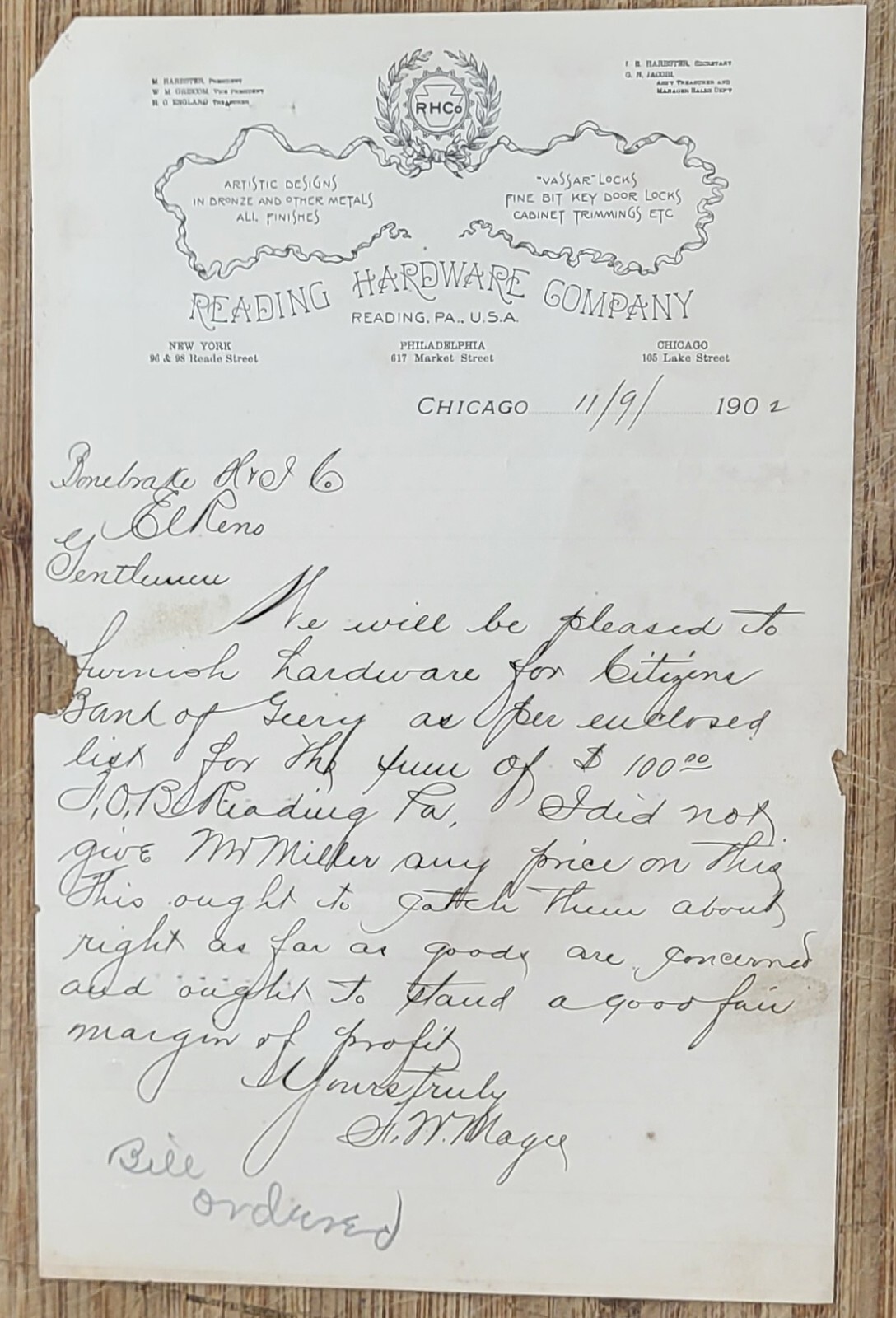 1901 Letterhead Chicago Illinois Reading Hardware Company Choice of ...