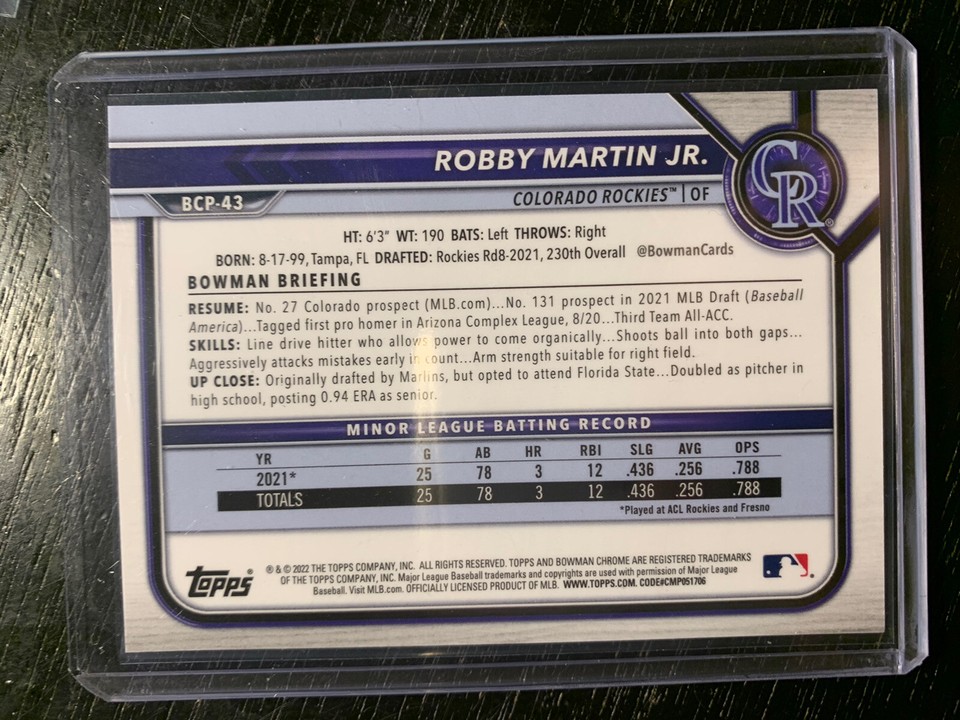 2022 Bowman ROBBY MARTIN JR 1st Chrome Aqua Refractor /125 ROCKIES #BCP ...