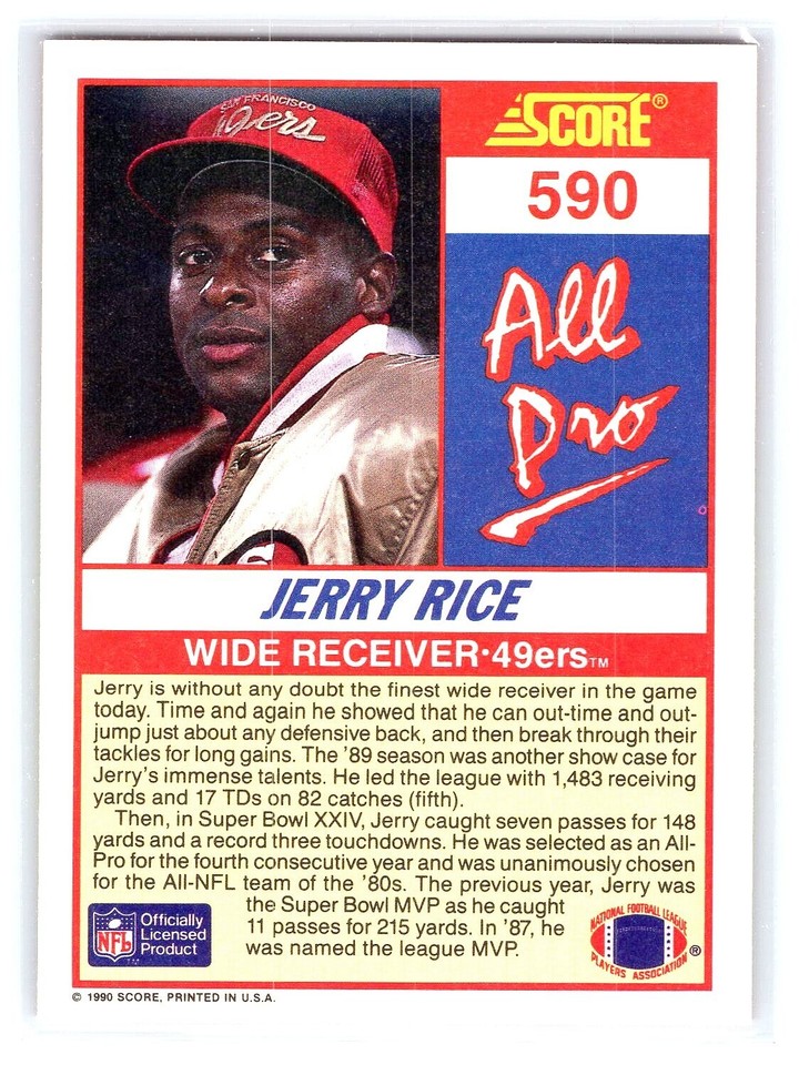 JERRY RICE 1990 Score #590 All Pro insert card San Francisco 49ers NFL ...