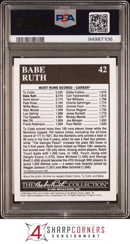 1992 MEGACARDS BABE RUTH #42 LIFETIME 2,174 RUNS SCORED POP 2 PSA 9 ...