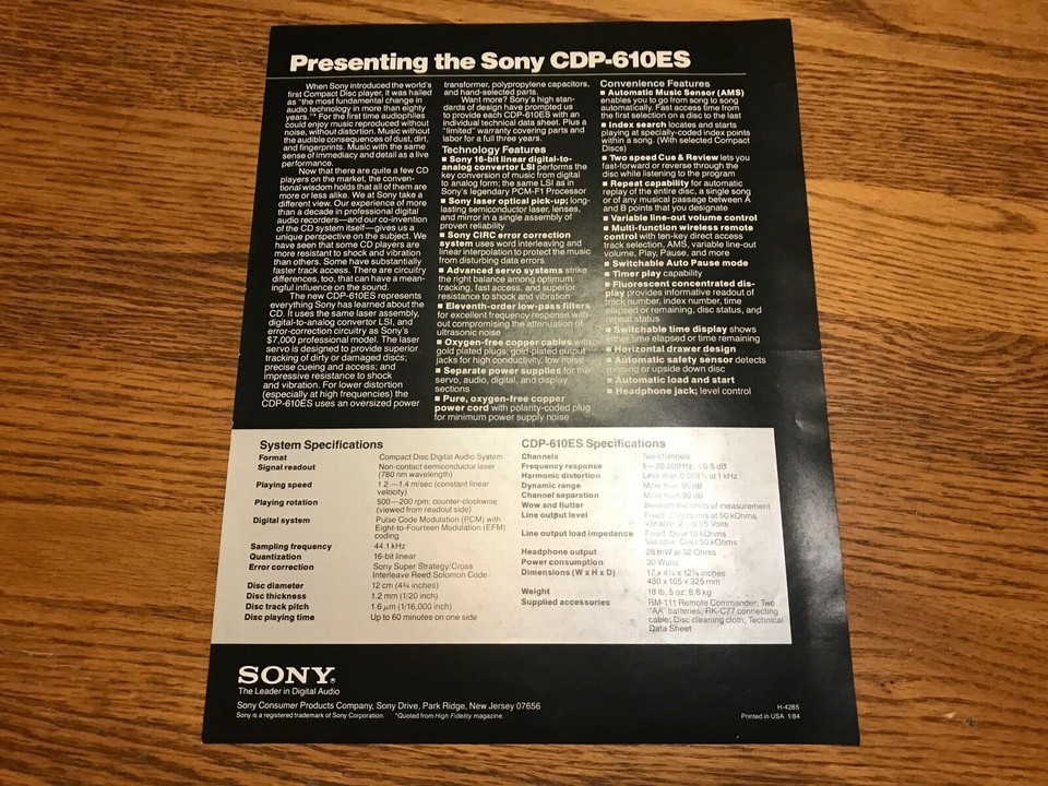 Sony CDP-610ES compact disc player ad flyer | eBay
