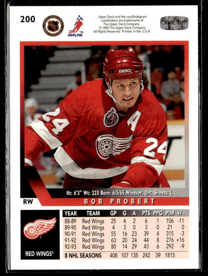 1993-94 Upper Deck #200 Bob Probert Red Wings Hockey Card 0102O | eBay