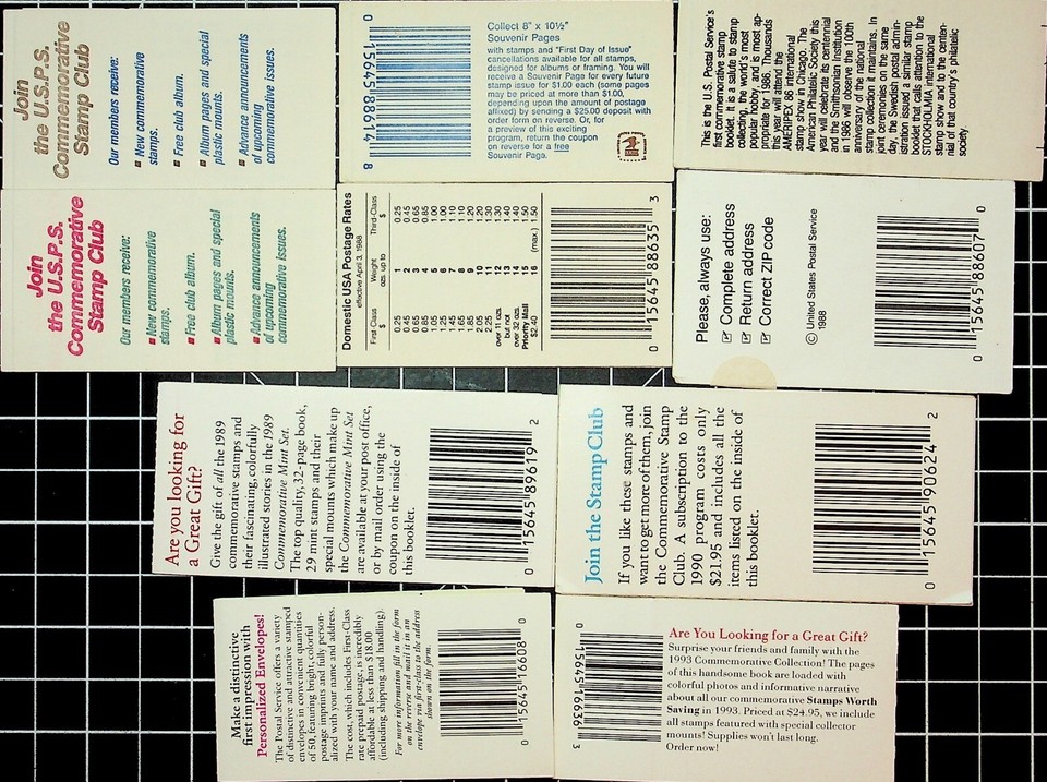 10 US MNH UNEXPLODED STAMP BOOKLETS FROM 1985 ~ 1994. 162 STAMPS. CV ...