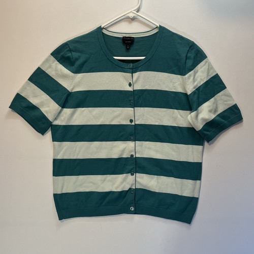 Talbots Teal Striped Button Front Sweater, Short Sleeve Cardigan (Women ...
