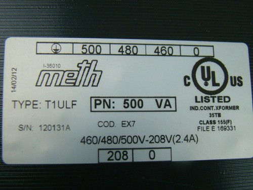 Meth Transformer 500VA 500/480/460x208v T1ULF 120131A | eBay