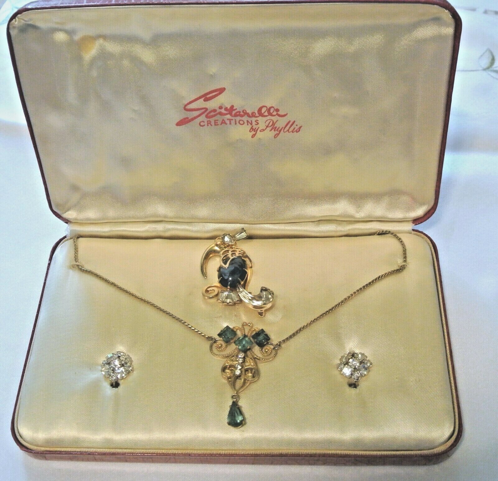 Vtg SCITARELLI By Phyllis Box Set Earrings Necklace B… - Gem