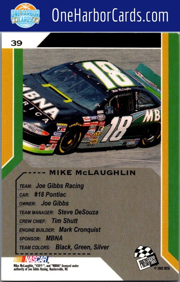 2002 Press Pass Trackside Joe Gibbs Racing #39 Mike McLaughlin | eBay
