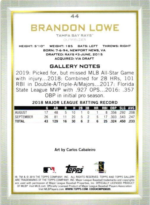 2019 TOPPS GALLERY BRANDON LOWE RC ROOKIE BASEBALL CARD #44 | eBay