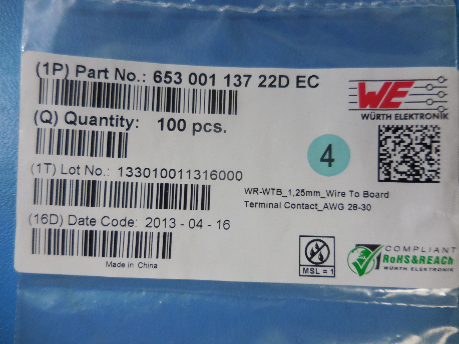 Wurth Electronics Inc. 653 001 137 22D EC Female 1.25MM Crimp Contacts ...