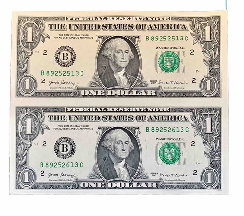 $1 One Dollar Bills / Series 2017 / Uncut Sheet of Two (2) Crisp ...