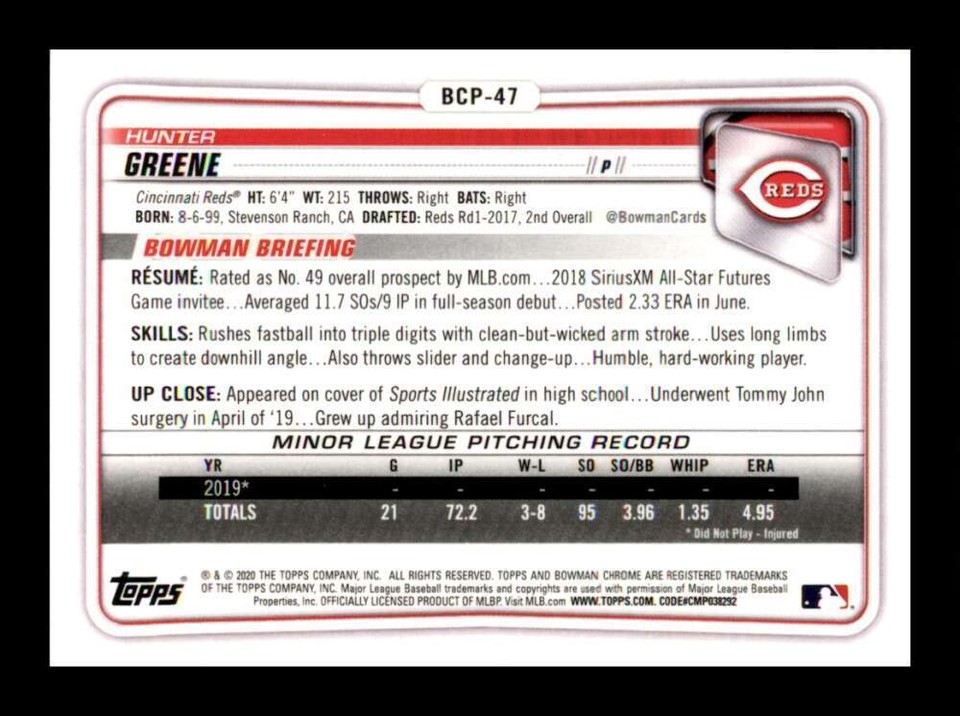 2020 Bowman Chrome Hunter Greene #BCP-47 Rookie RC Cincinnati Reds | eBay