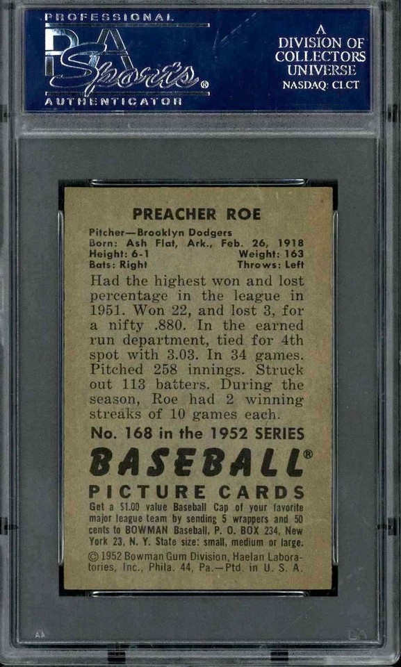 1952 Bowman #168 Preacher Roe - PSA 8 | eBay