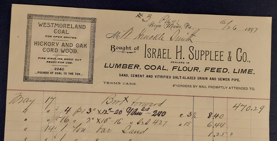 1897 Advertising Invoice Israel H Supplee & Co Bryn Mawr PA Lumber Coal ...
