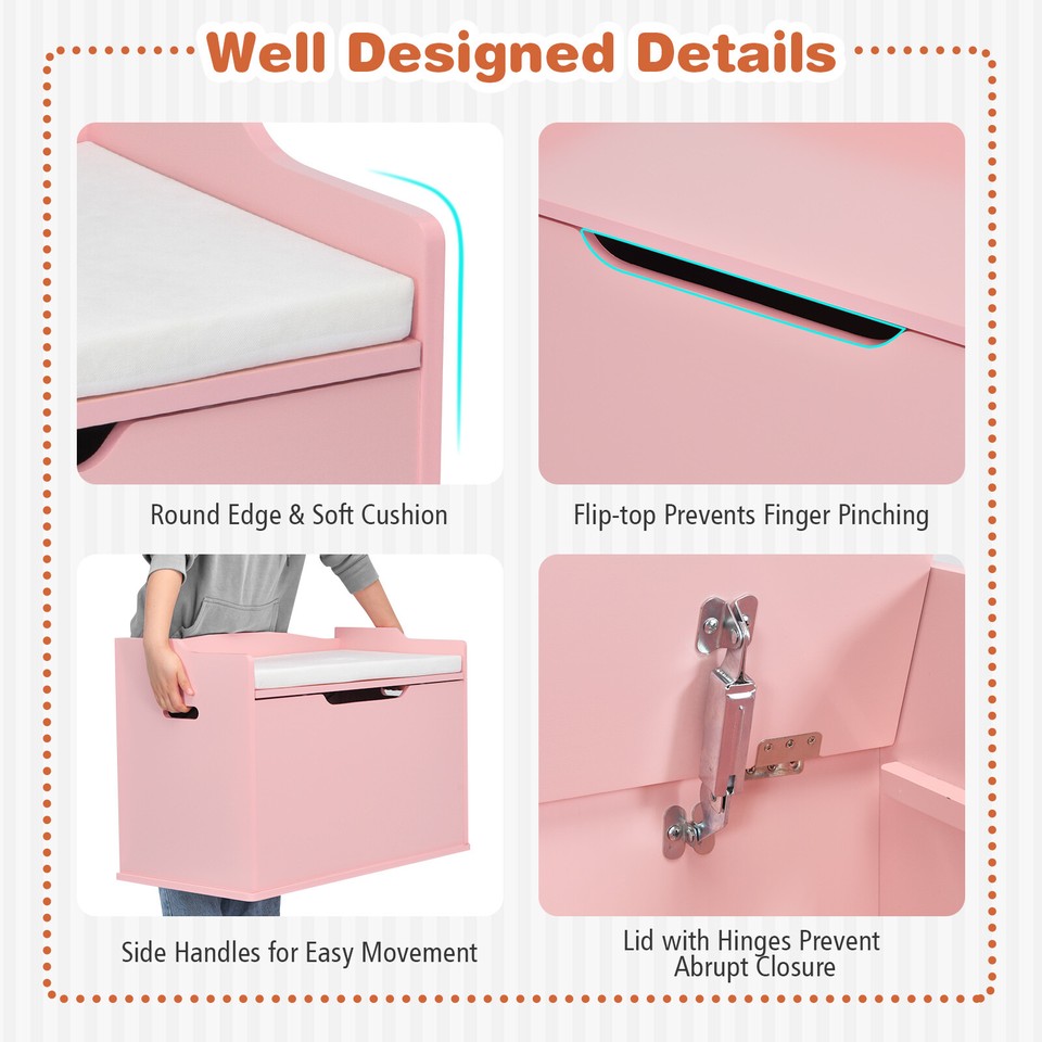 Babyjoy Kids Toy Box Wooden Flip-top Storage Chest Bench W/ Cushion ...